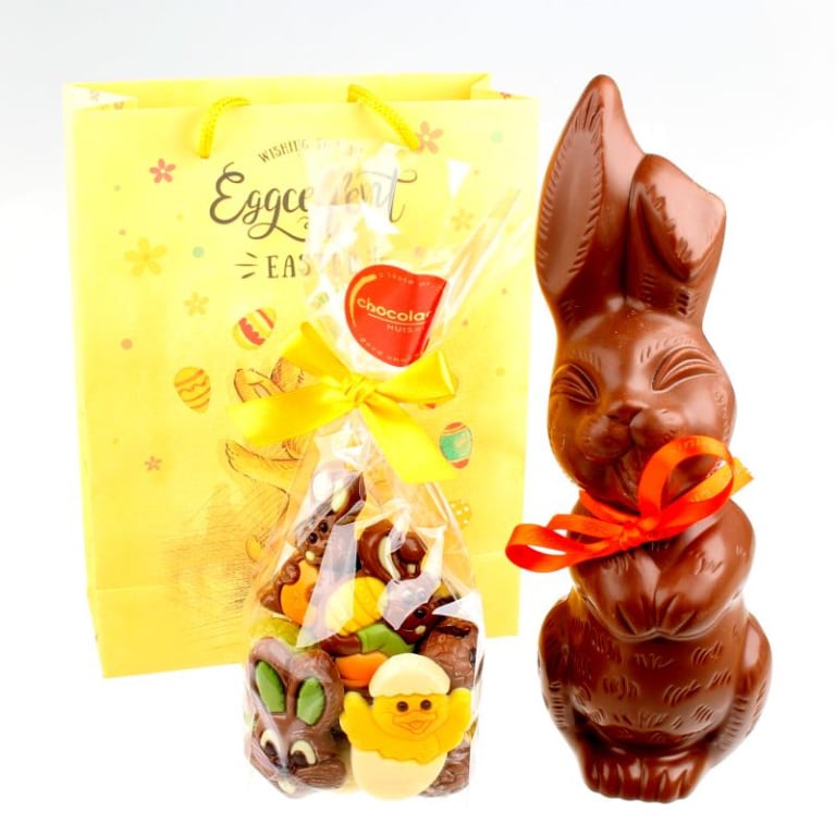 Paasgeschenk met chocolade paashaas - Het Chocoladehuis